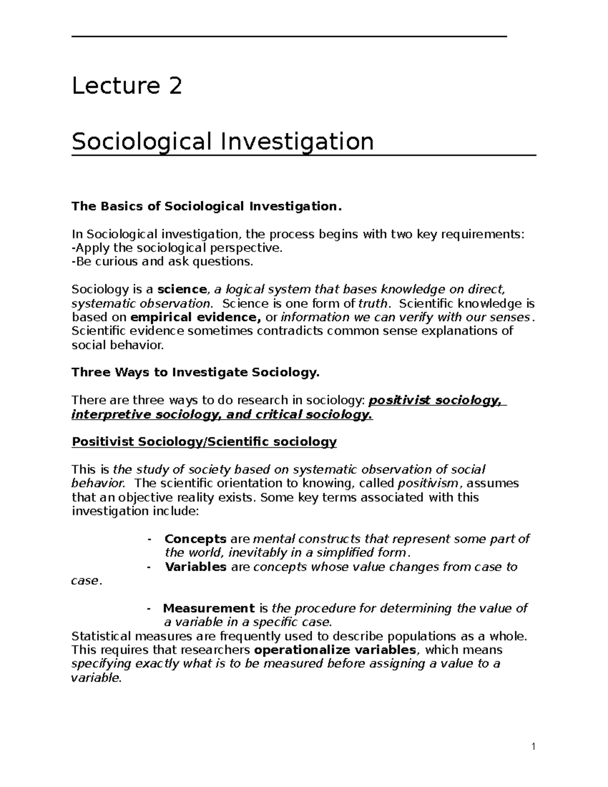 Lecture 2 Sociological Investigation 2 - Lecture 2 Sociological ...