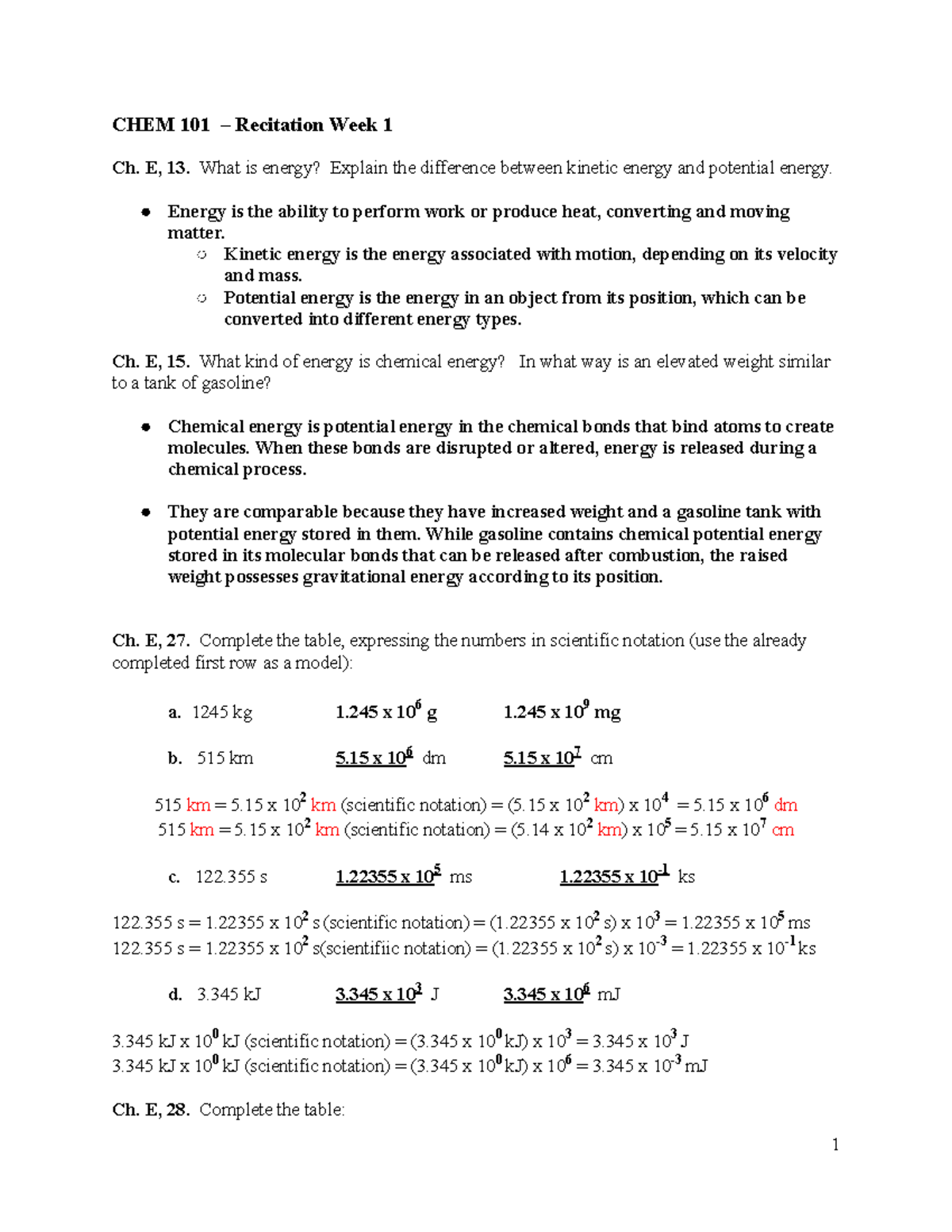 CHEM 101 – Recitation Week 1 - CHEM 101 – Recitation Week 1 Ch. E, 13 ...