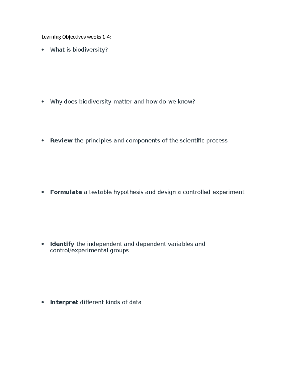 Bio 104 study guide exam 1 - Learning Objectives weeks 1-4: What is biodiversity? Why does - Studocu