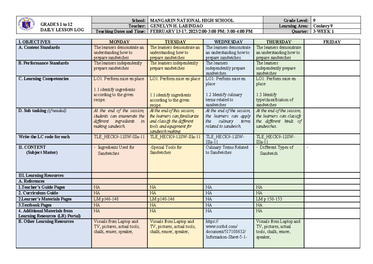 Cookery 9 DLL Third Quarter - GRADES 1 to 12 DAILY LESSON LOG School ...