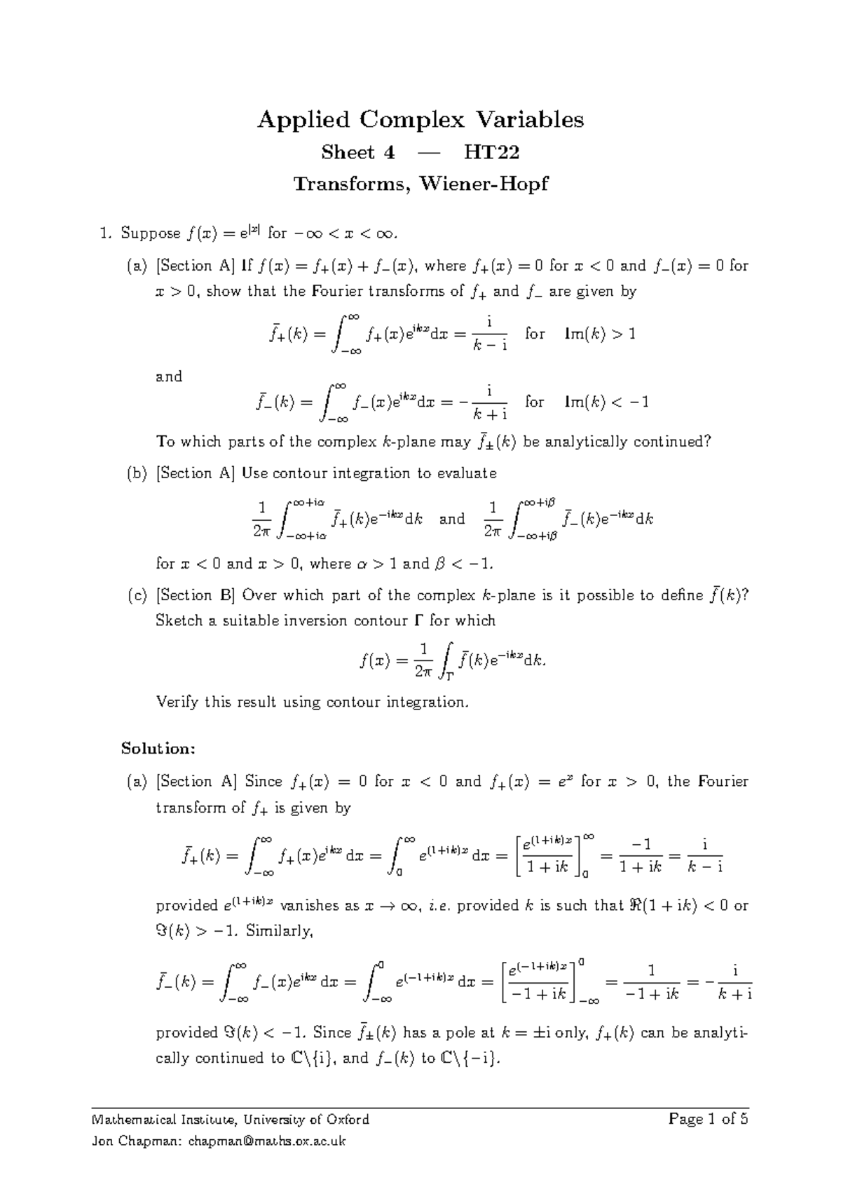 C5 6sheet 4with Answers To A Applied Complex Variables Sheet 4 — Ht Transforms Wiener Hopf