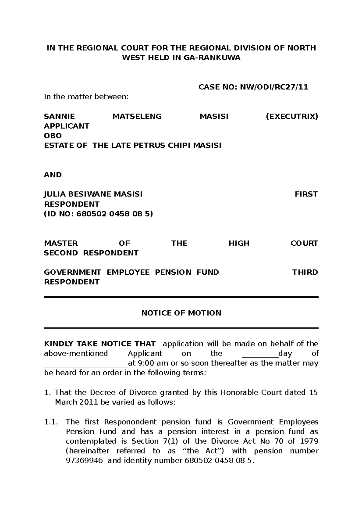 Variation Application - Masisi - IN THE REGIONAL COURT FOR THE REGIONAL ...