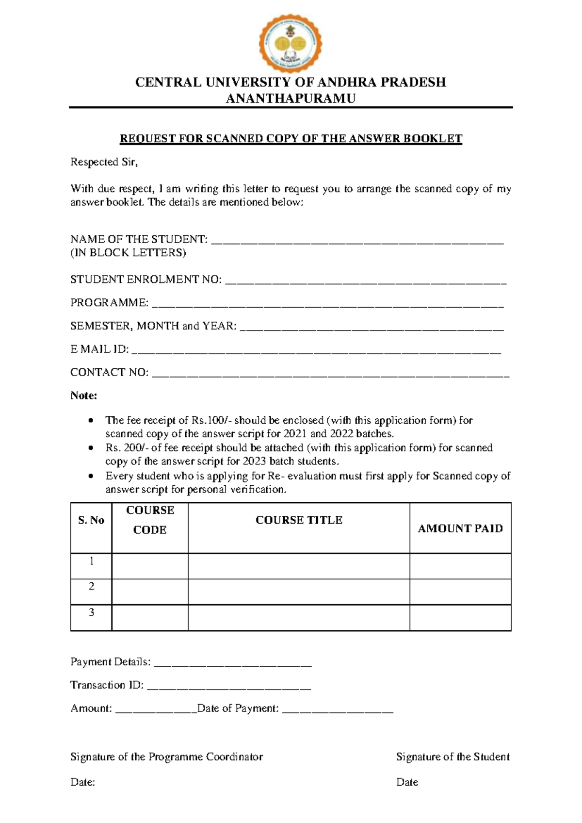 Application form for Scanned copy and Revaluation - CENTRAL UNIVERSITY ...