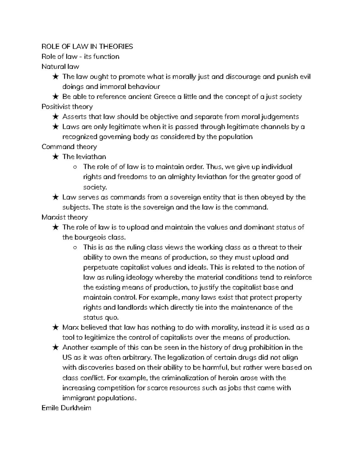 SOC240 TEST Review - ROLE OF LAW IN THEORIES Role of law - its function ...