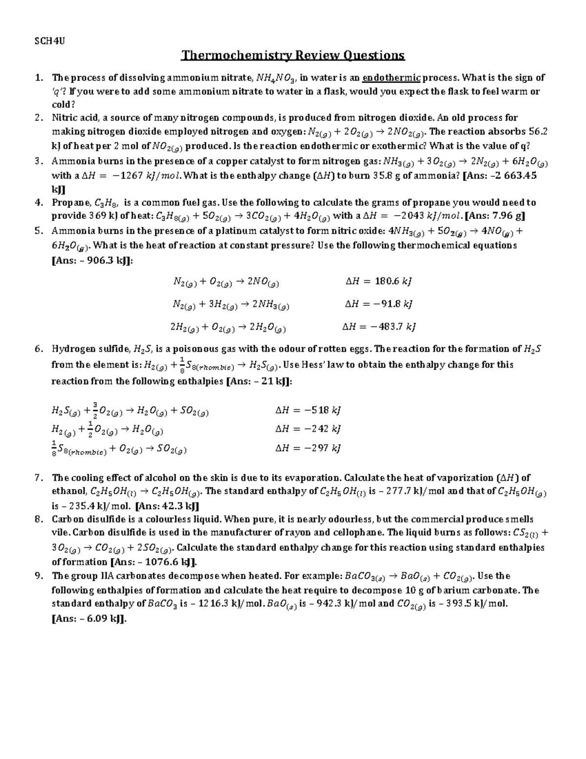 Thermochemistry Review Questions - SCH4U Thermochemistry Review ...