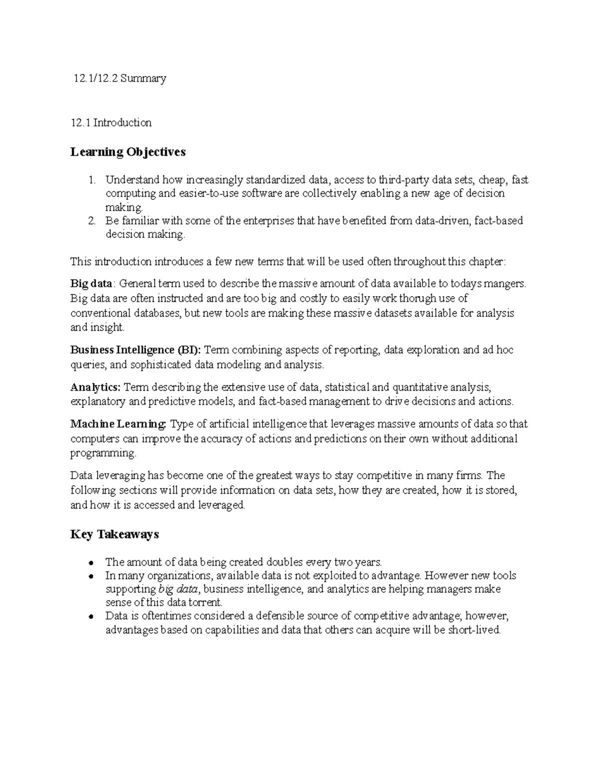 Chapter 12 Summary Lecture Notes 12112 Summary 12 Introduction Learning Objectives