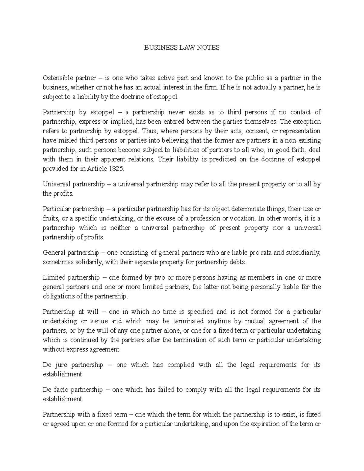 Business LAW Notes 01 - BUSINESS LAW NOTES Ostensible partner – is one ...