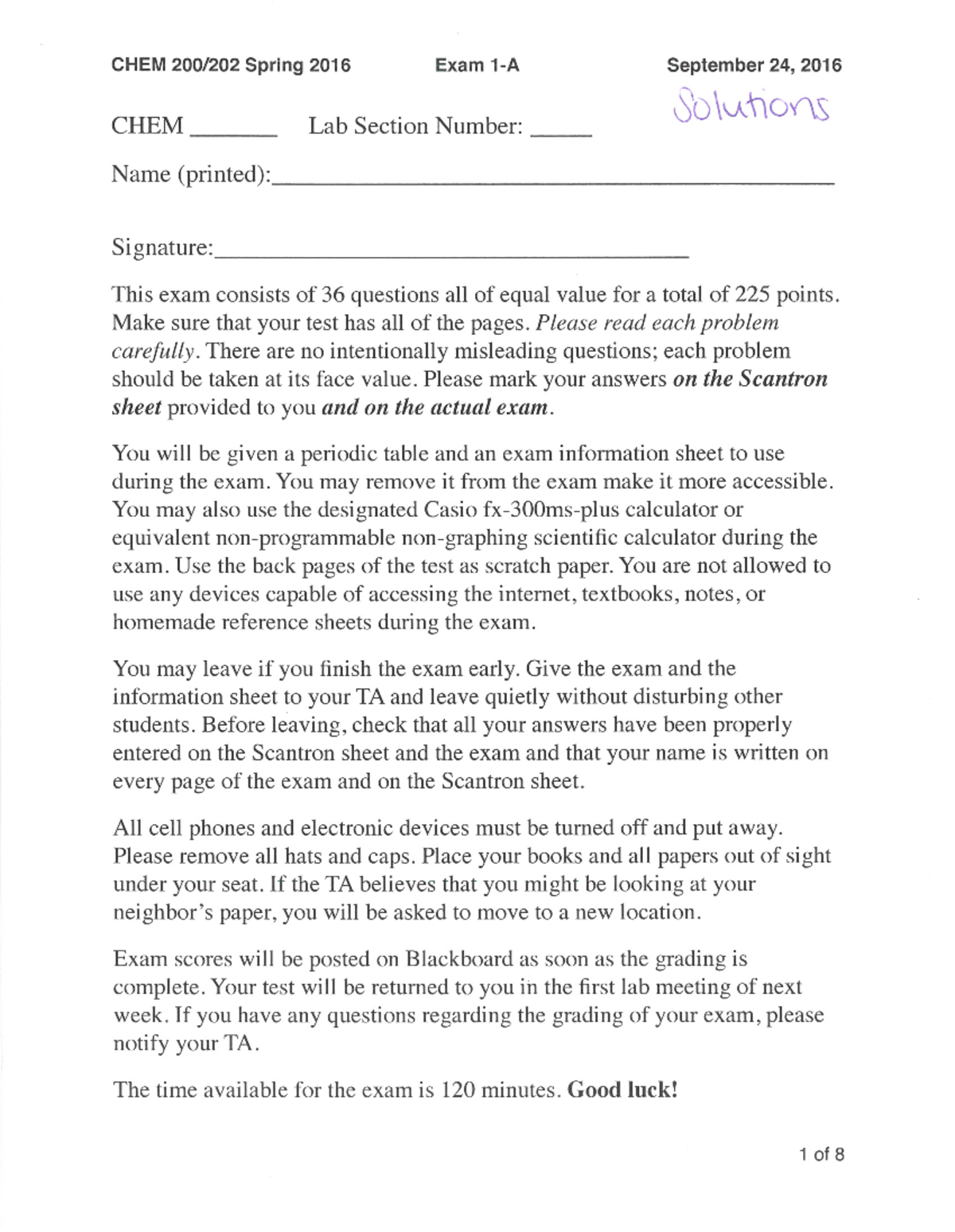 Exam 1 A B - Solutions - Exam Midterm of Chem 200 SDSU - Chem-200 - Studocu