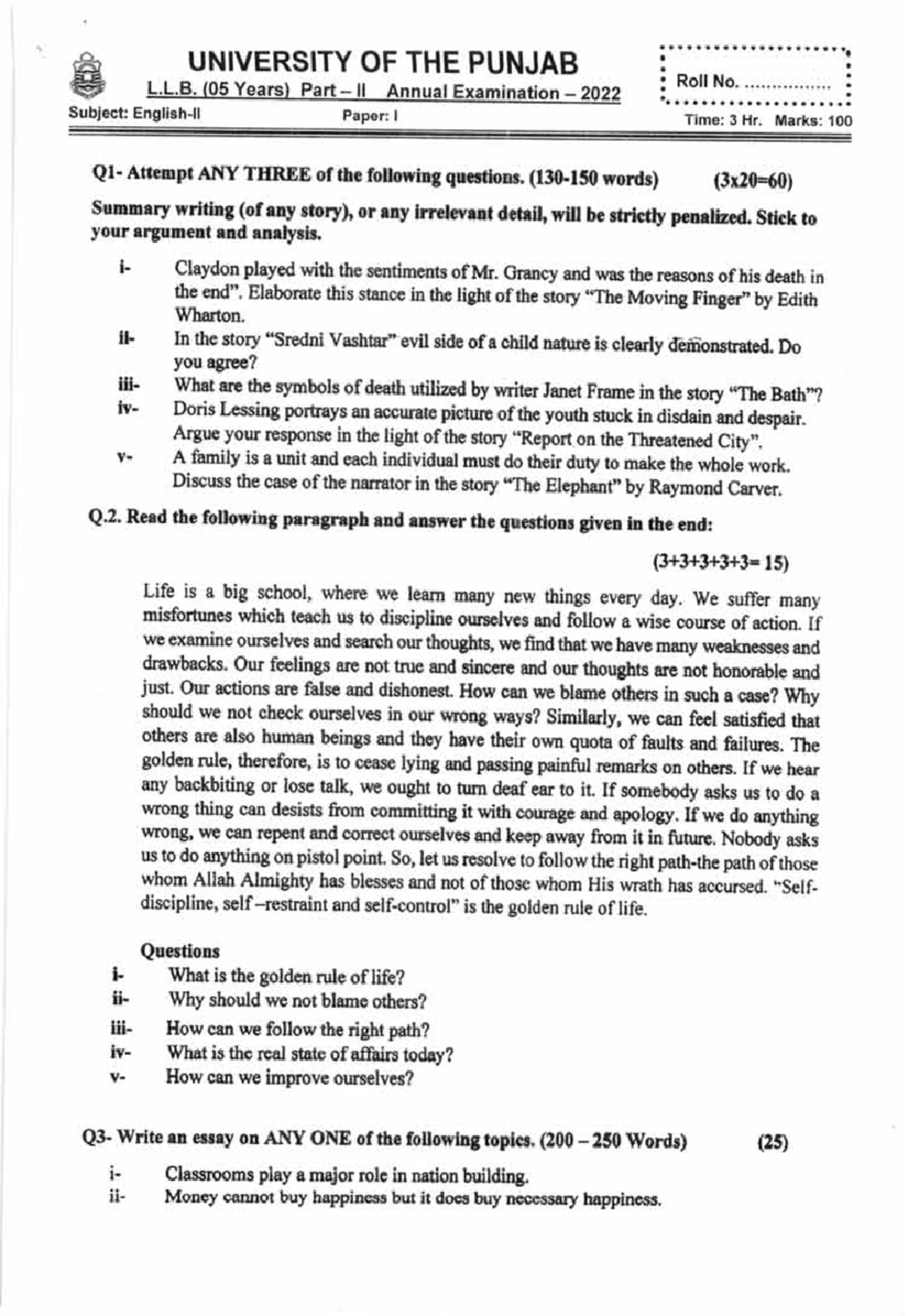 LLB PII 5Year Paper 1 - Notes - Q3- write sn e,$Ey on AIYY oNE af the ...