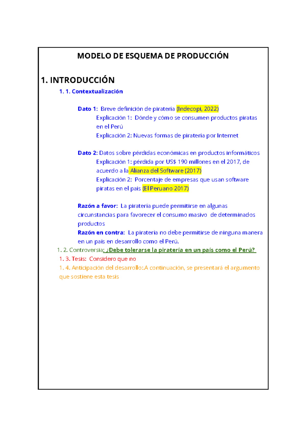 Modelo de esquema y texto ( Semana 10) - MODELO DE ESQUEMA DE PRODUCCIÓN 1. INTRODUCCIÓN 1. 1 ...