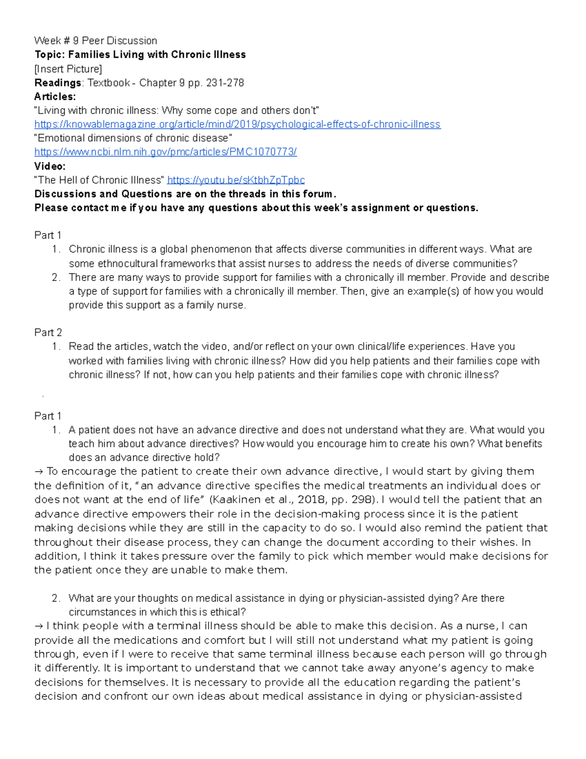 Week 9 Assignments - Week # 9 Peer Discussion Topic: Families Living with Chronic Illness ...