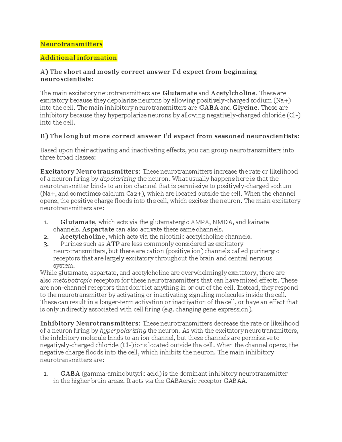 Neurotransmitters - assignment - Neurotransmitters Additional ...