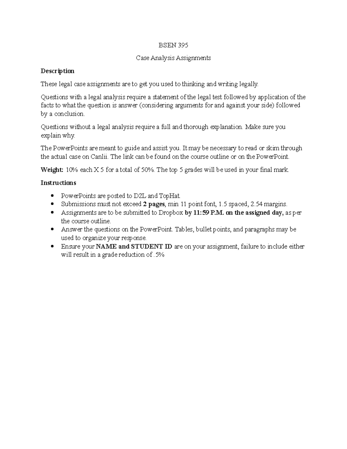 Case Analysis Instructions - BSEN 395 Case Analysis Assignments ...