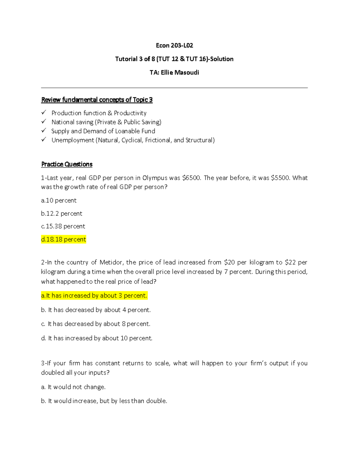 Tutorial 3 of 8 (TUT 12 & TUT 16) Ellie Solution - Econ 203-L Tutorial ...