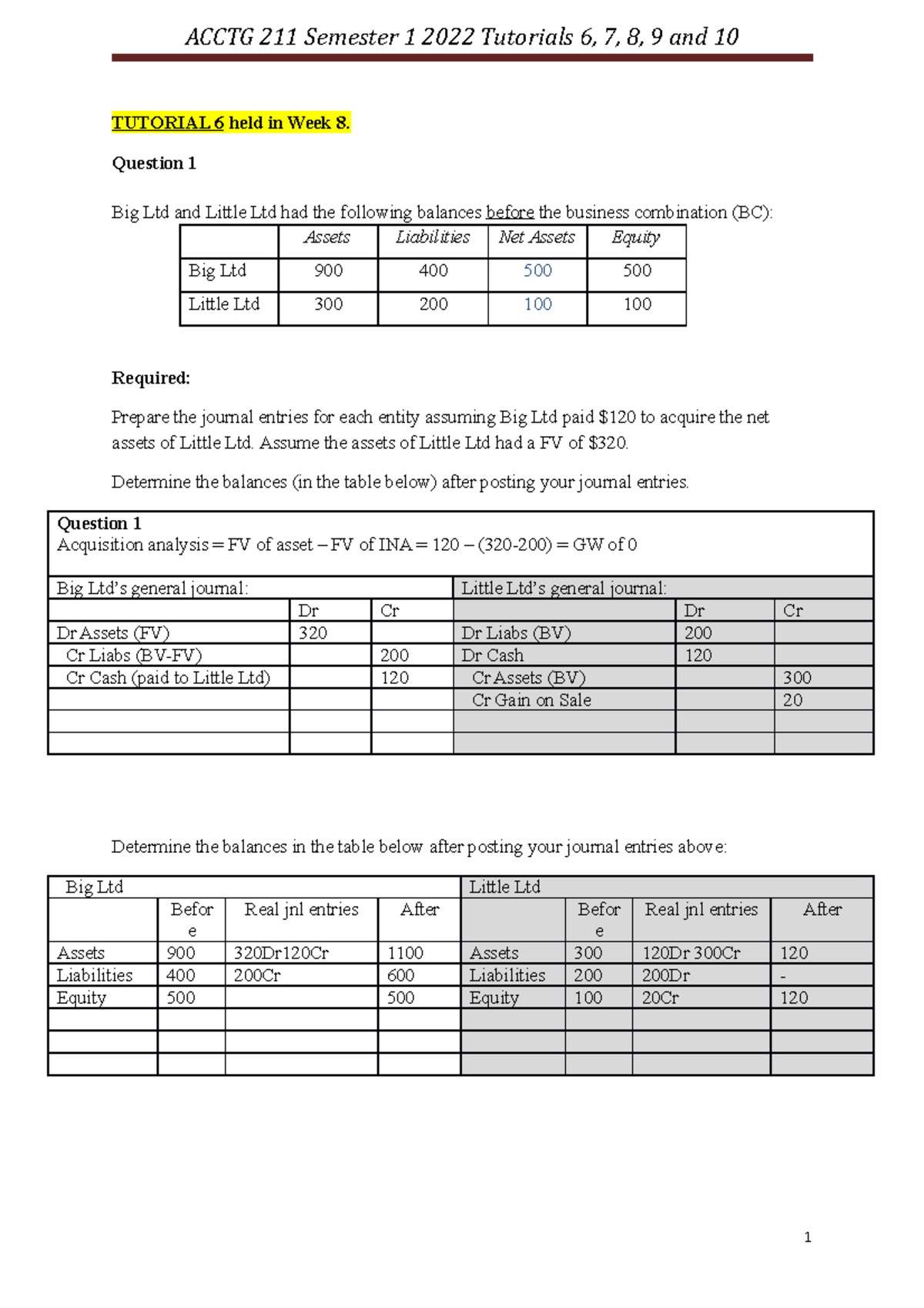 Tutorials 6 to 10 Questions and space for answers - TUTORIAL 6 held in Week 8. Question 1 Big ...