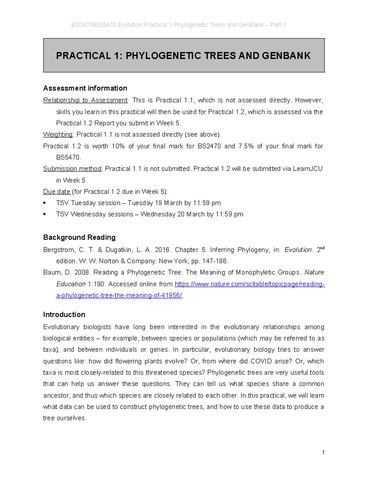 Practical 1.1 (Week 2) - Phylogenetic trees and Genbank - PRACTICAL 1 ...
