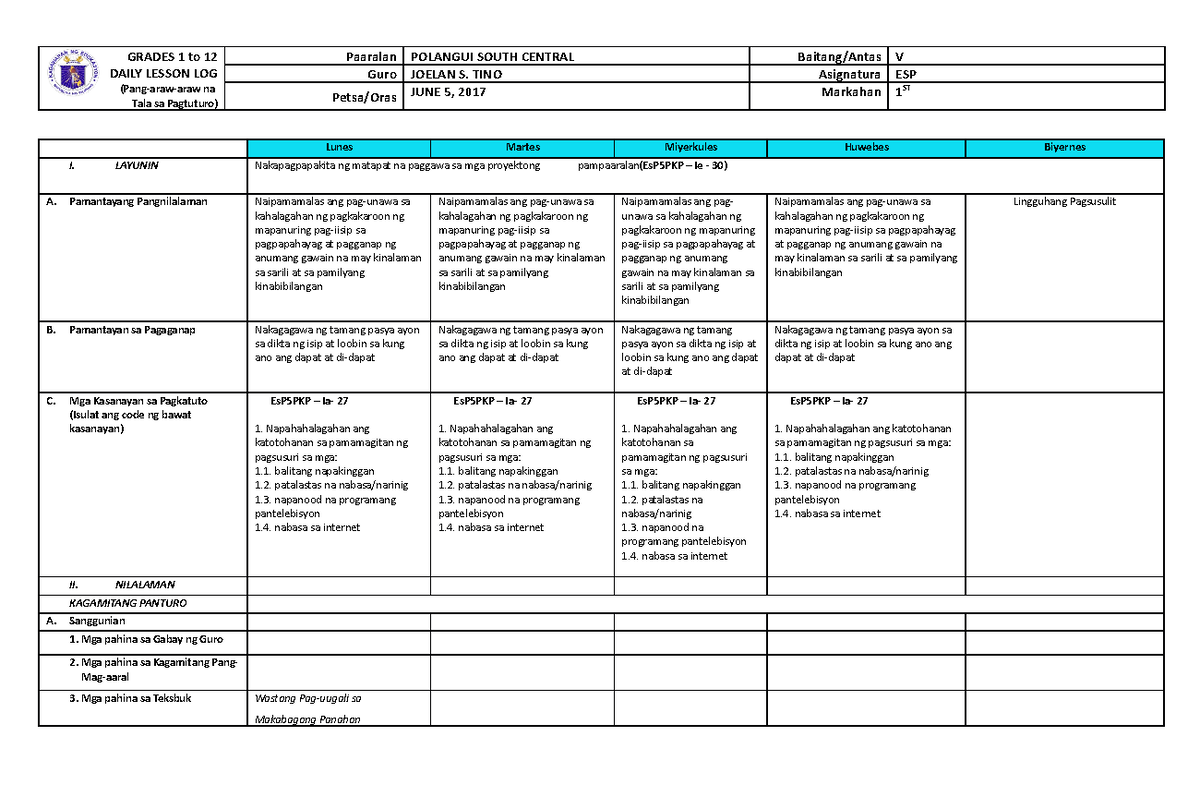 ESP - pre test grade 10 mapeh - GRADES 1 to 12 DAILY LESSON LOG (Pang ...