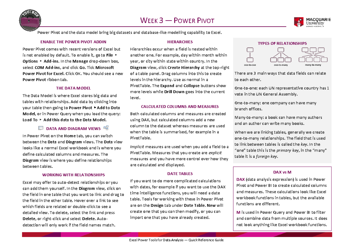 C3W3-Quick-Reference - Excel Power Tools for Data Analysis — Quick Reference Guide WEEK 3 ...