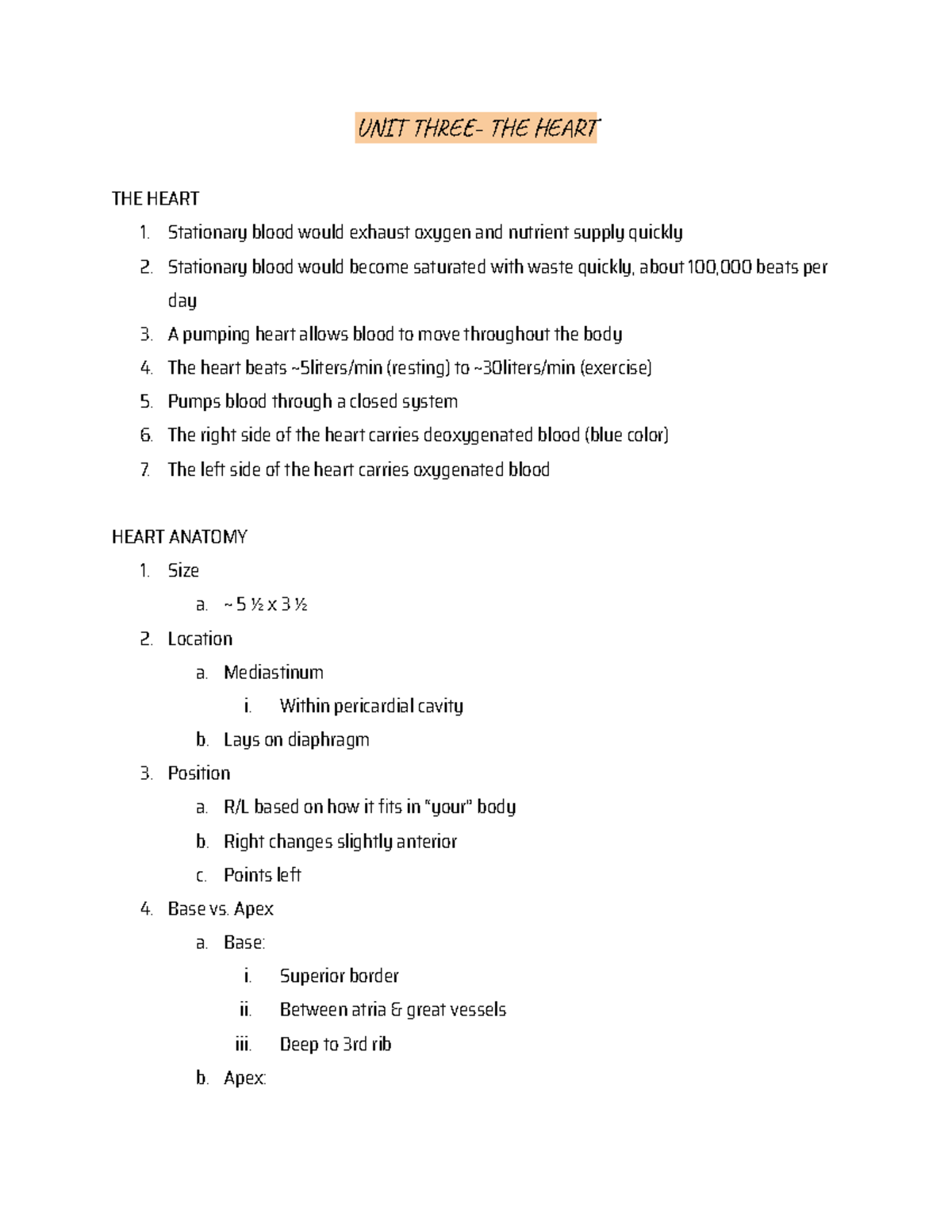 SDSU Human Anatomy Unit Three The Heart - UN TE- TE HE THE HEART ...