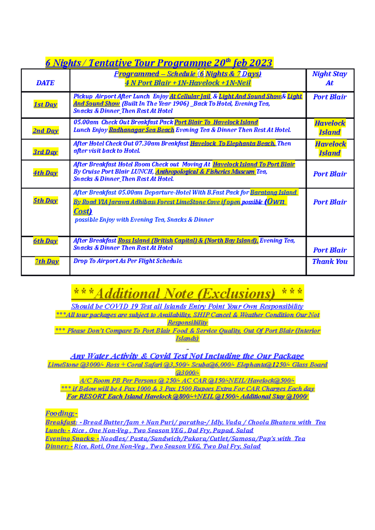 Andaman 6 Nights - 6 Nights / Tentative Tour Programme 20 th feb 2023 ...