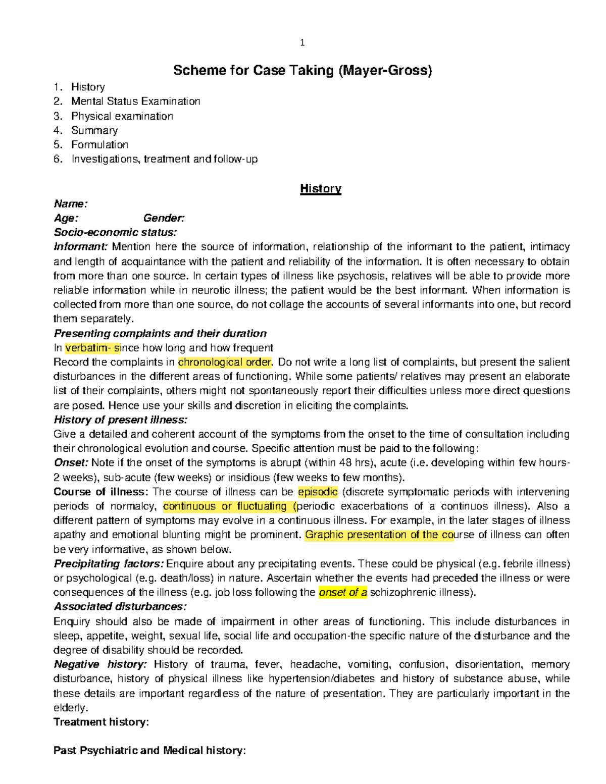Case History format- Mayer Gross highlig - Scheme for Case Taking ...