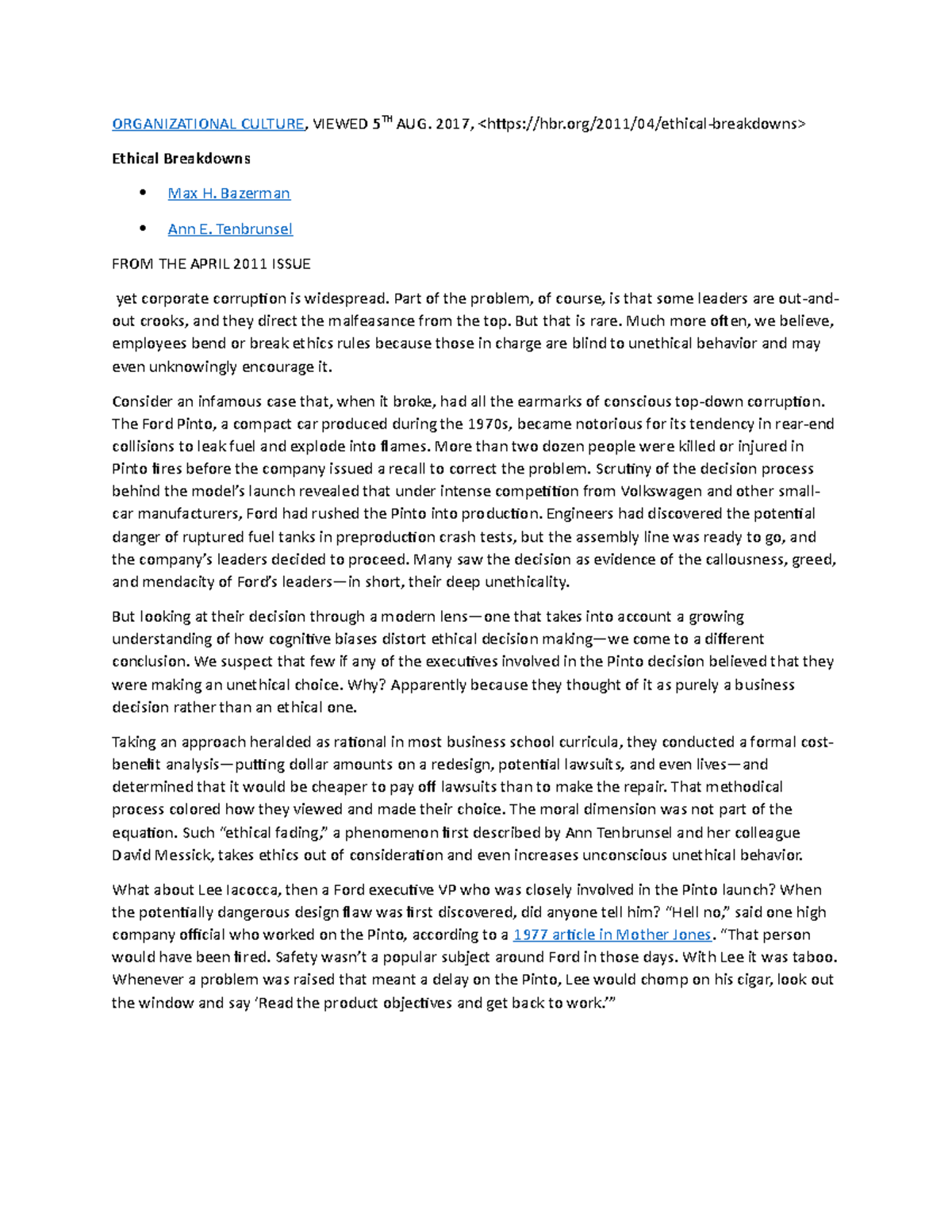WEEK 4 Ethical Breakdowns - ORGANIZATIONAL CULTURE, VIEWED 5TH AUG ...
