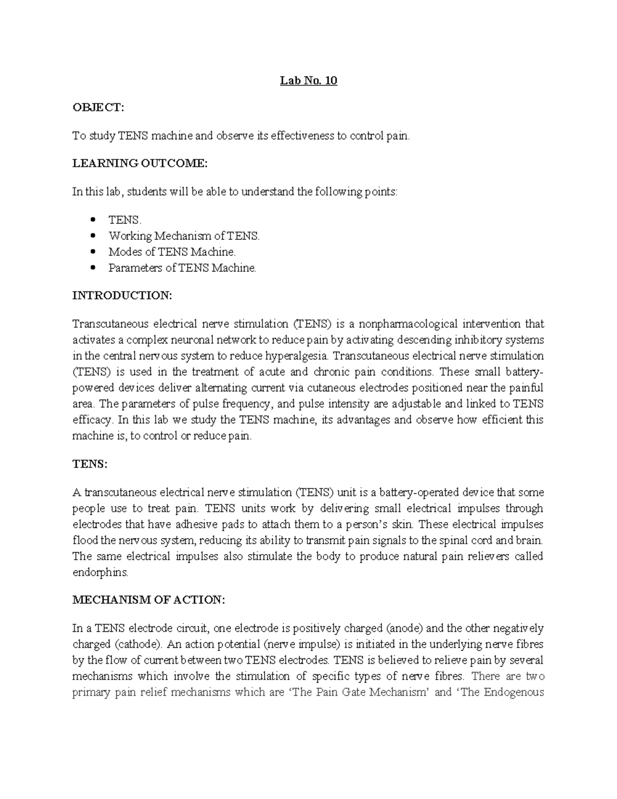 Lab 10 (Rehab Device) - Lab No. 10 OBJECT: To study TENS machine and ...