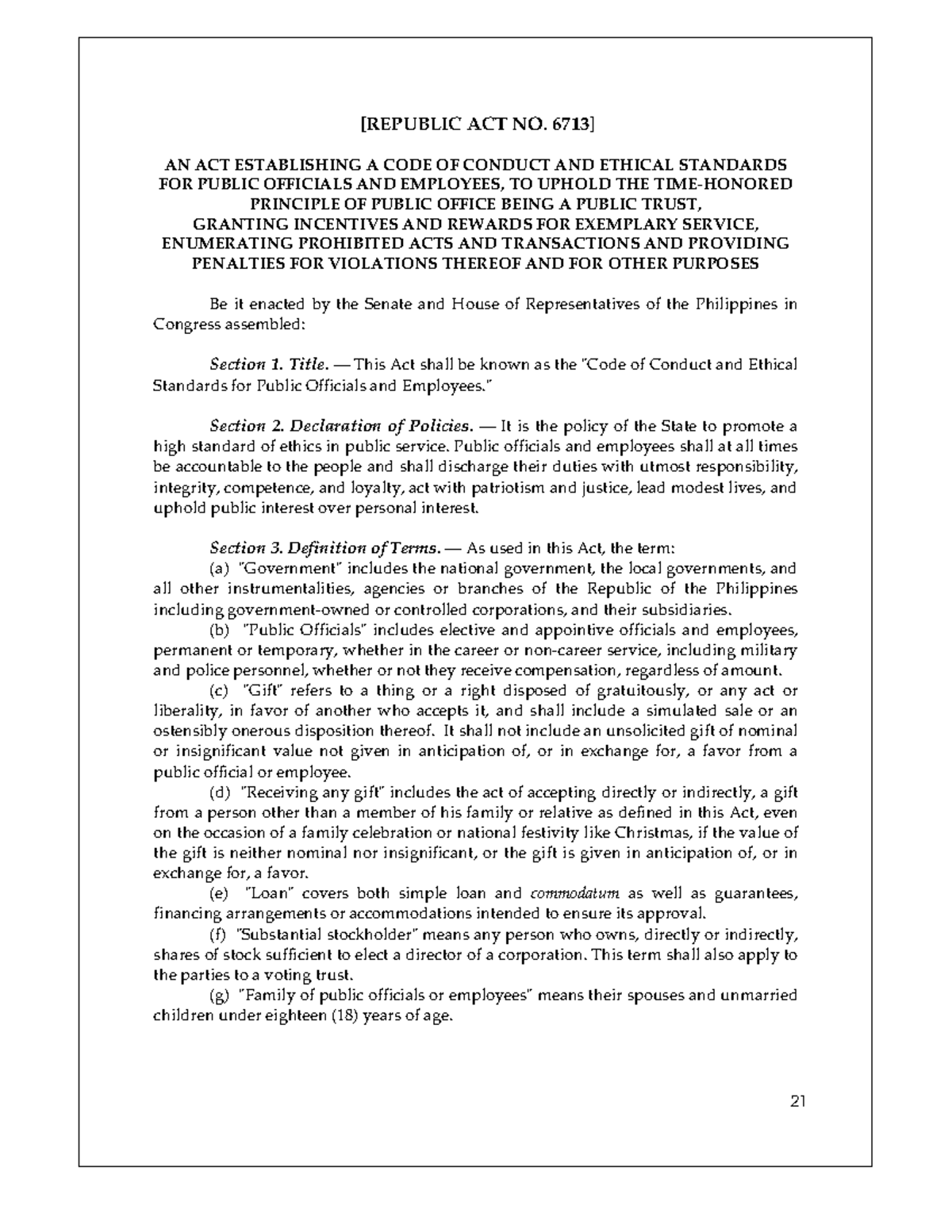 Republic Act No 6713 - [REPUBLIC ACT NO. 6713] AN ACT ESTABLISHING A ...