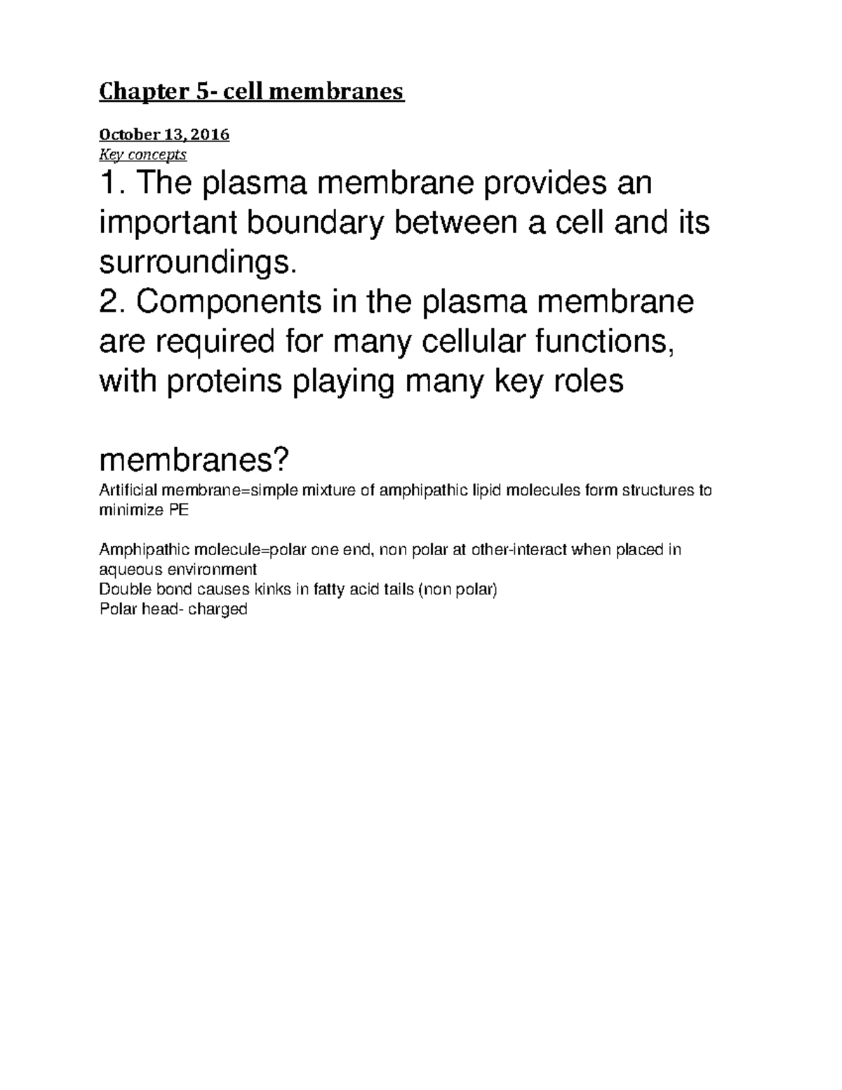 Bio 120 Chapter 5 - lecture notes - Chapter 5- cell membranes October ...