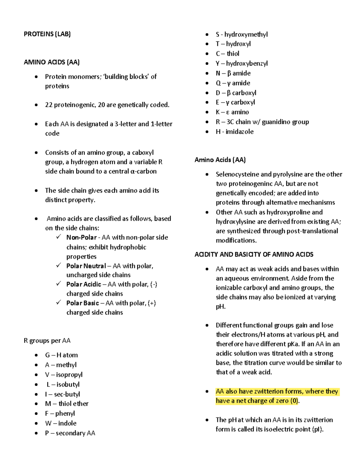 (Reviewer) Proteins LAB - PROTEINS (LAB) AMINO ACIDS (AA) Protein ...