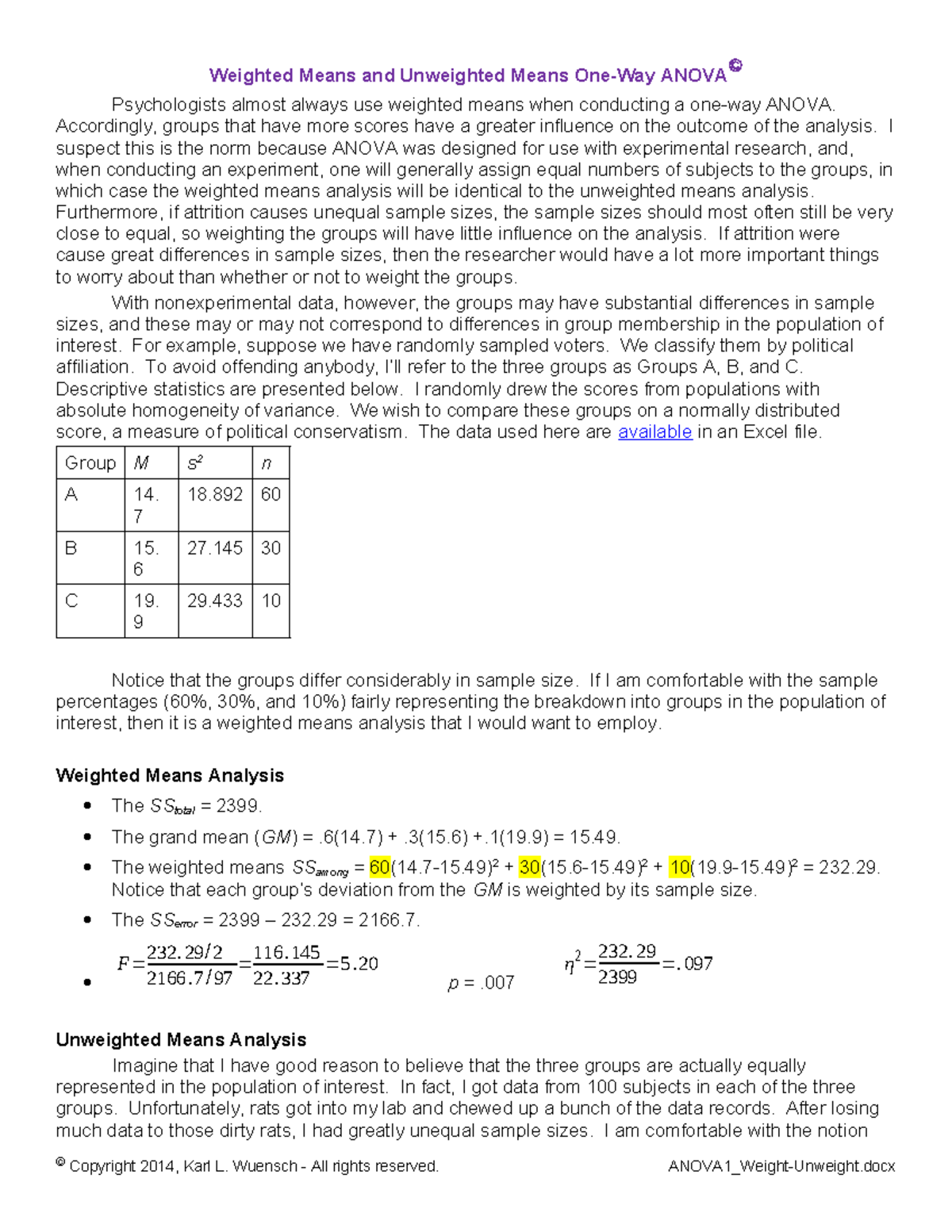 Anova 1 Weight-Unweight - Weighted Means and Unweighted Means One-Way ANOVA Psychologists almost ...