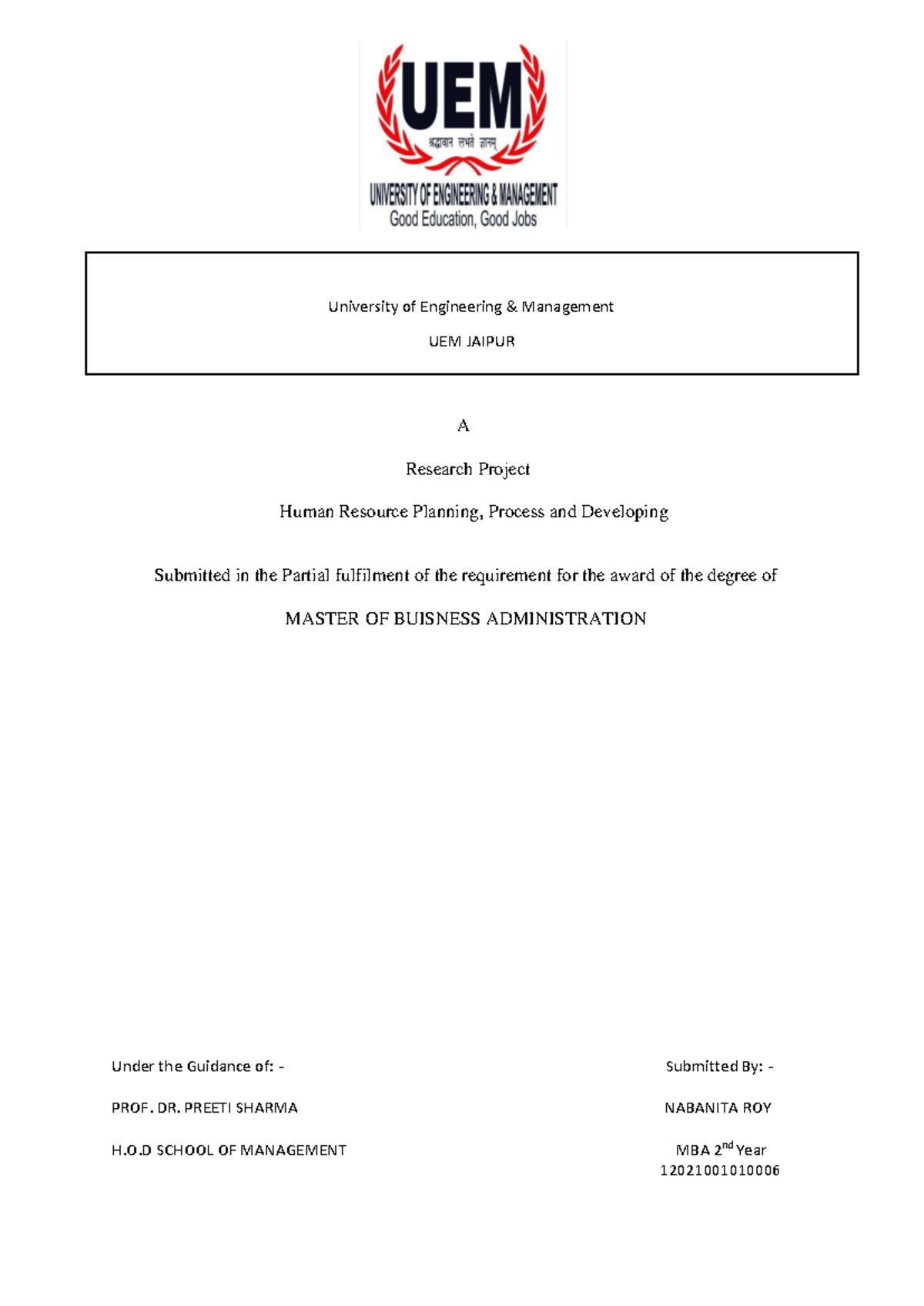 Research project - University of Engineering & Management UEM JAIPUR A ...