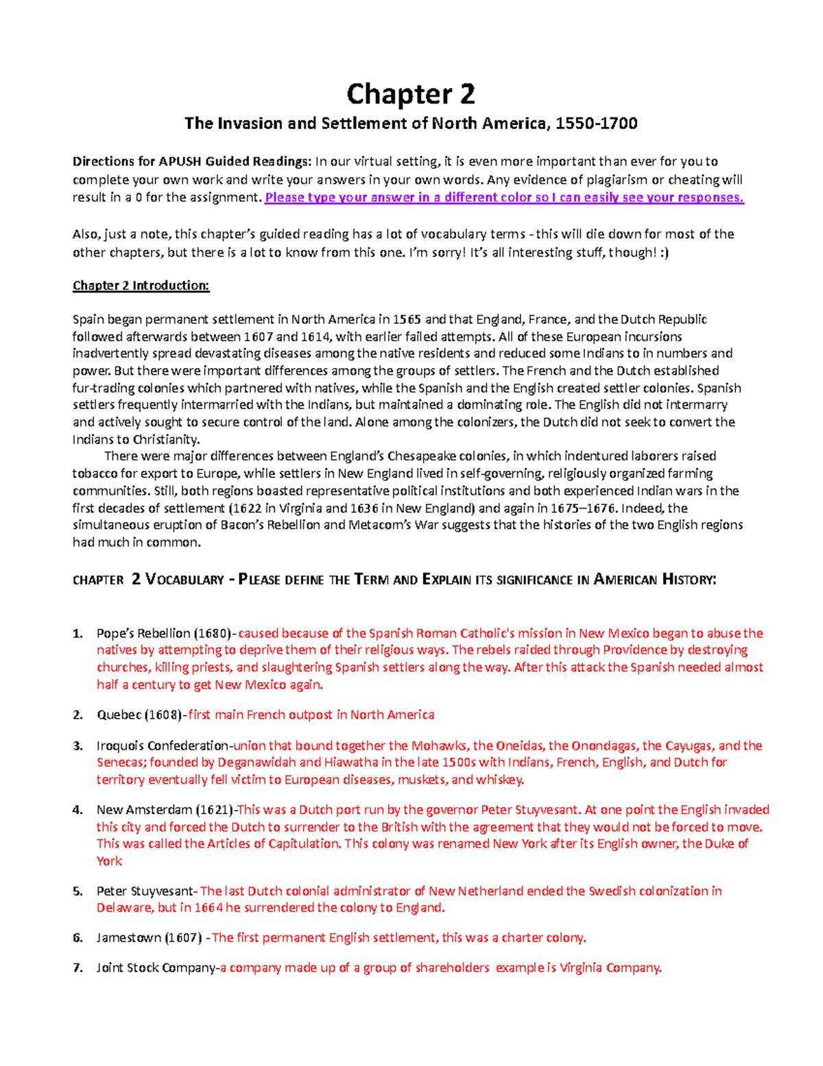 Chapter 2 Guided Reading - Chapter 2 The Invasion and Settlement of North America, 1550 ...