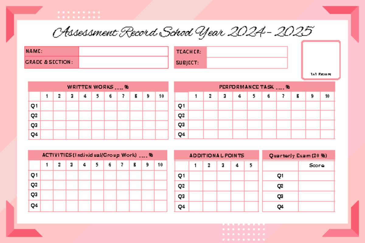 Assessment Record - PINK - Layout - NAME: GRADE & SECTION: TEACHER ...