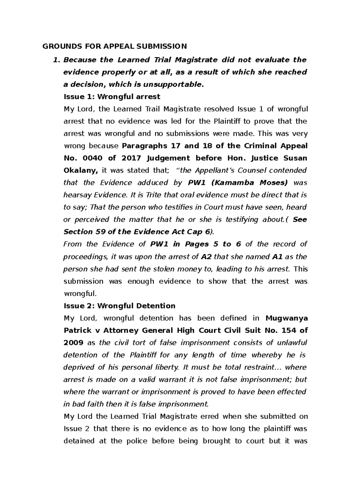 witness statement - GROUNDS FOR APPEAL SUBMISSION Because the Learned ...