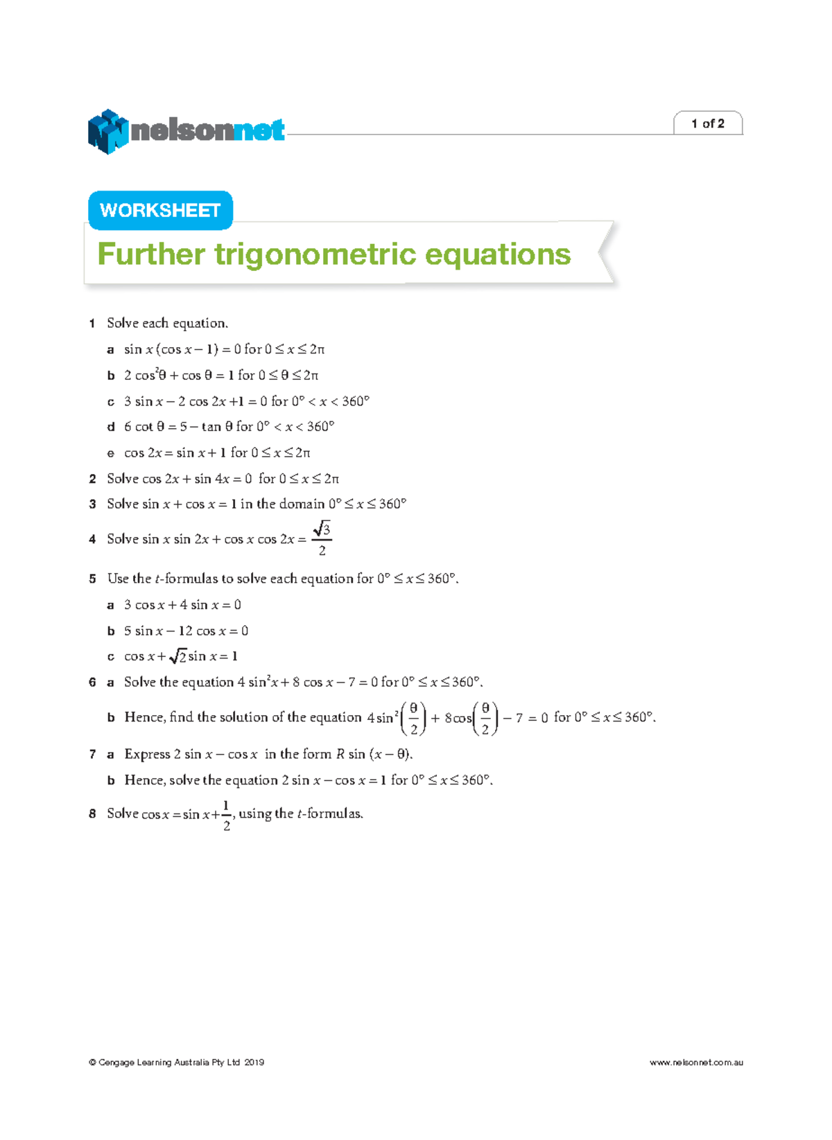 Trigonometric Functions worksheet - © Cengage Learning Australia Pty ...