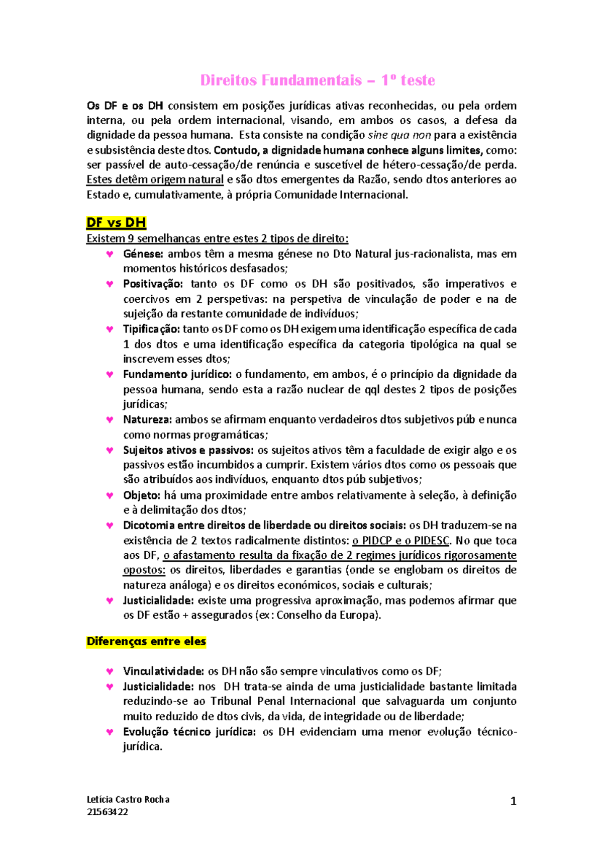 Direitos fundamentais - 1º teste - Letícia Castro Rocha 1 Direitos ...