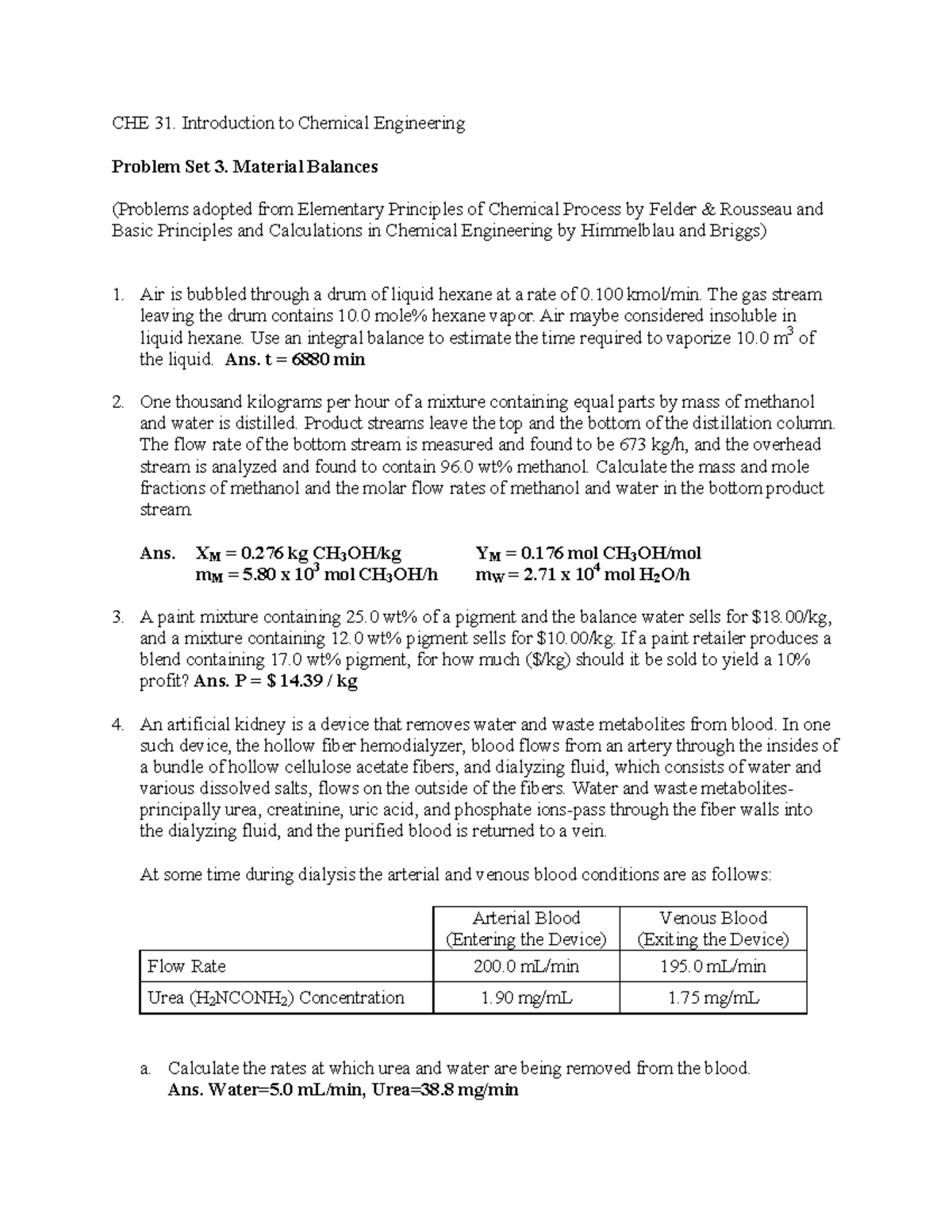 Probset 3 - course - CHE 31. Introduction to Chemical Engineering Problem Set 3. Material ...