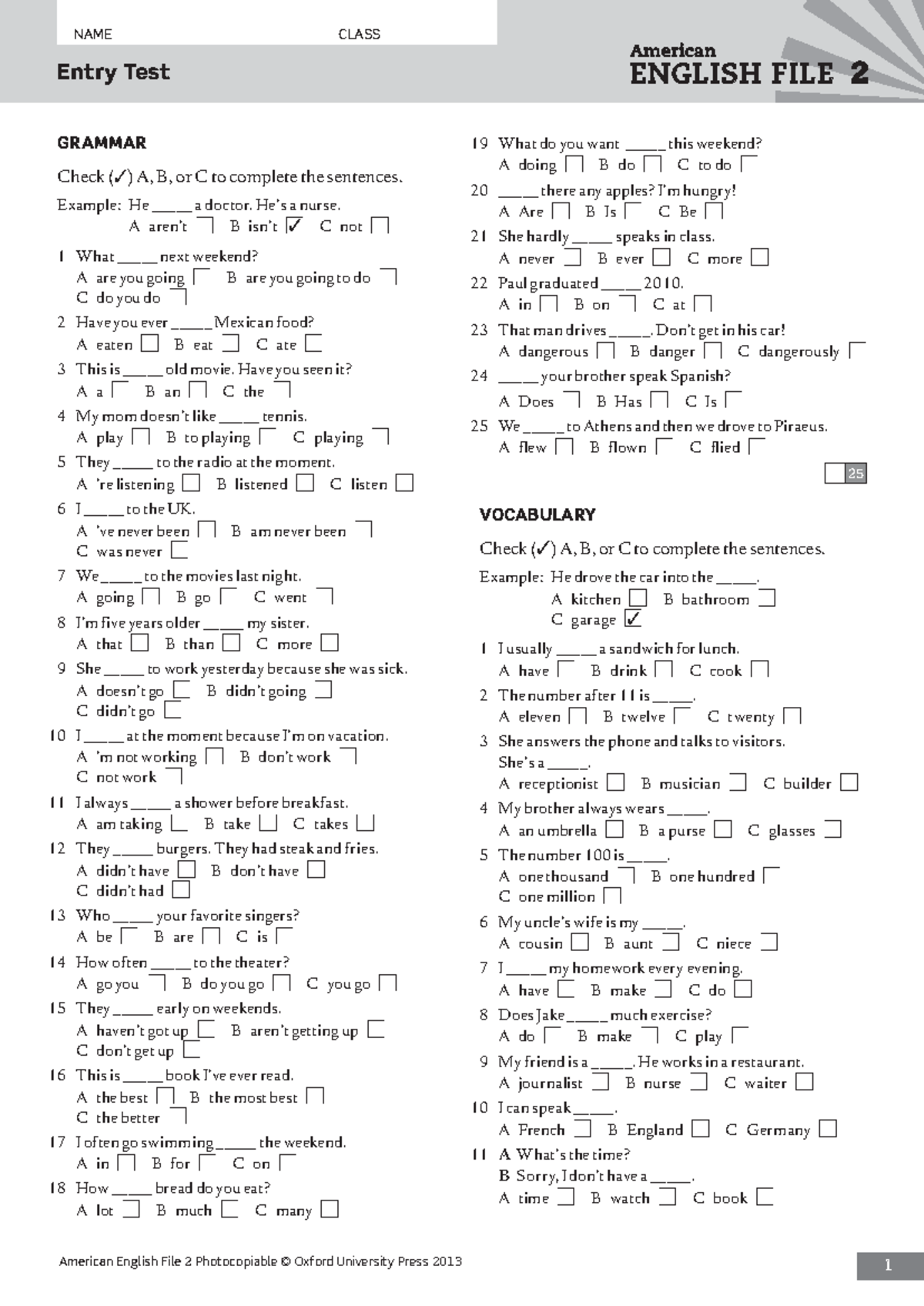 AEF2 Entry Test-Homework - American English File 2 Photocopiable ...