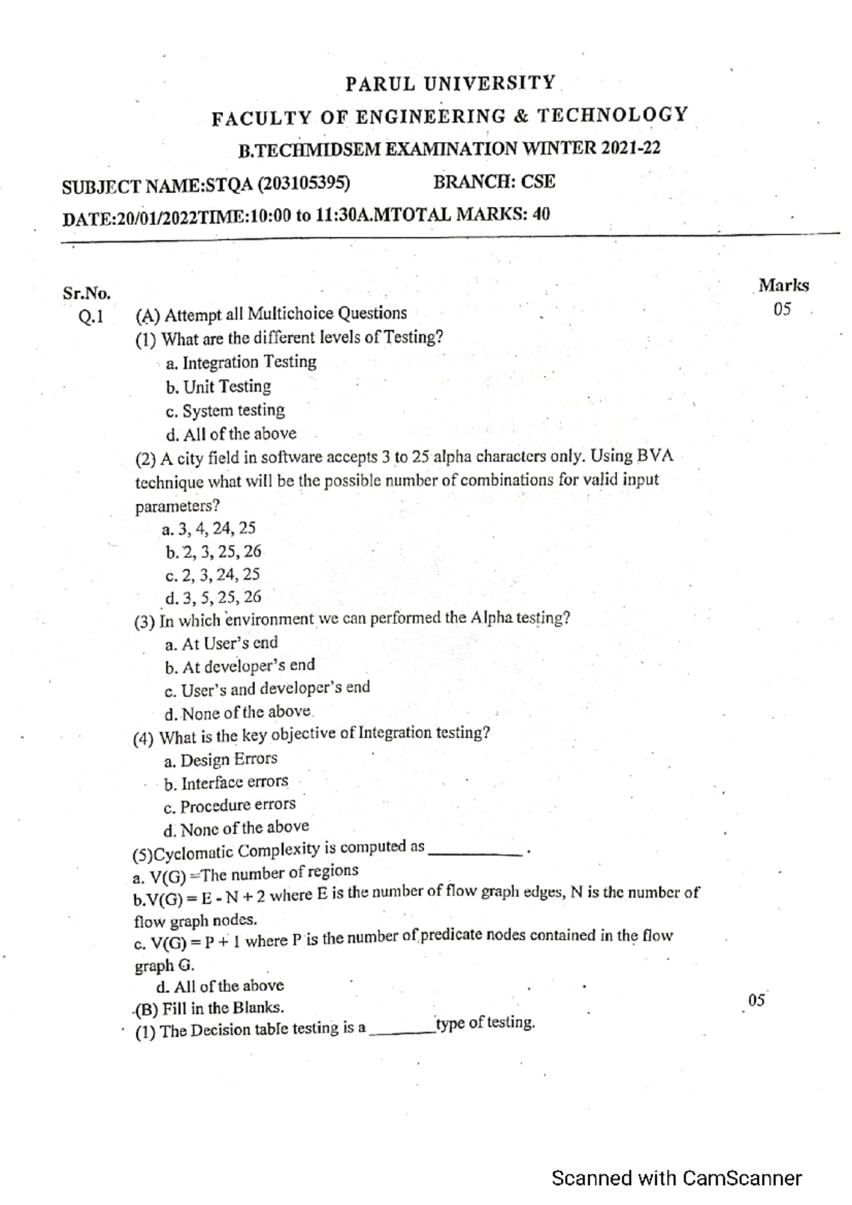 STQA Mid Sem QP - PSNM - B.tech CSE - Studocu