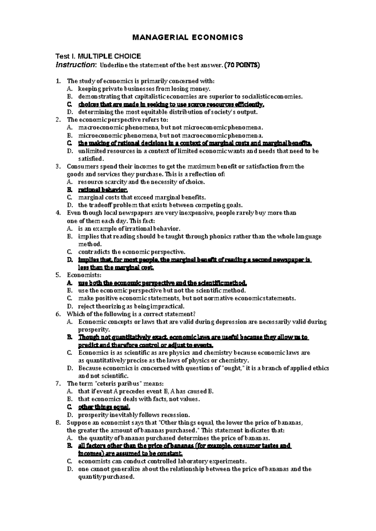 Managerial Economics Mock board Examination - MANAGERIAL ECONOMICS Test ...