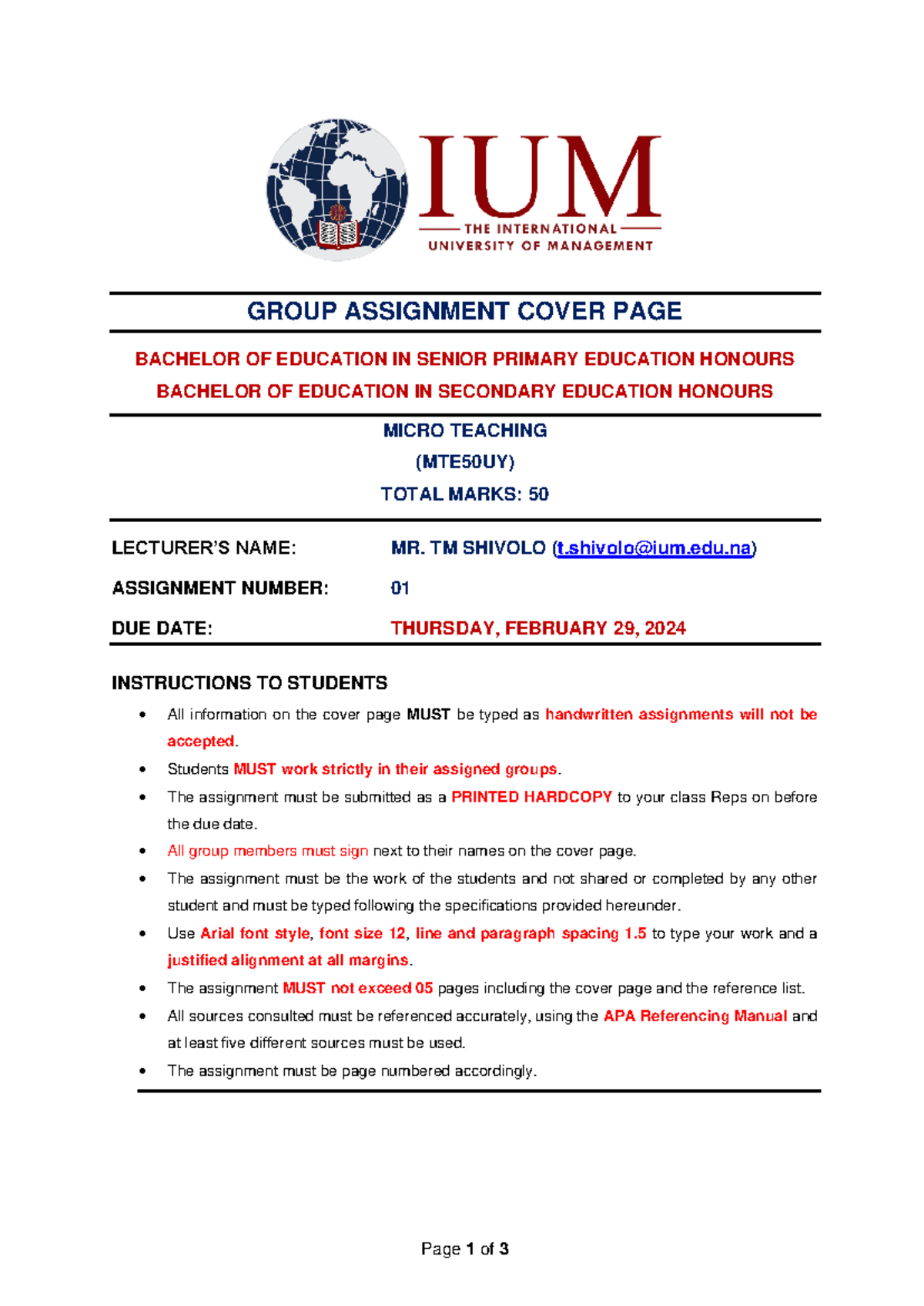 Assignment 01 CA 1 2024 - Page 1 of 3 GROUP ASSIGNMENT COVER PAGE ...