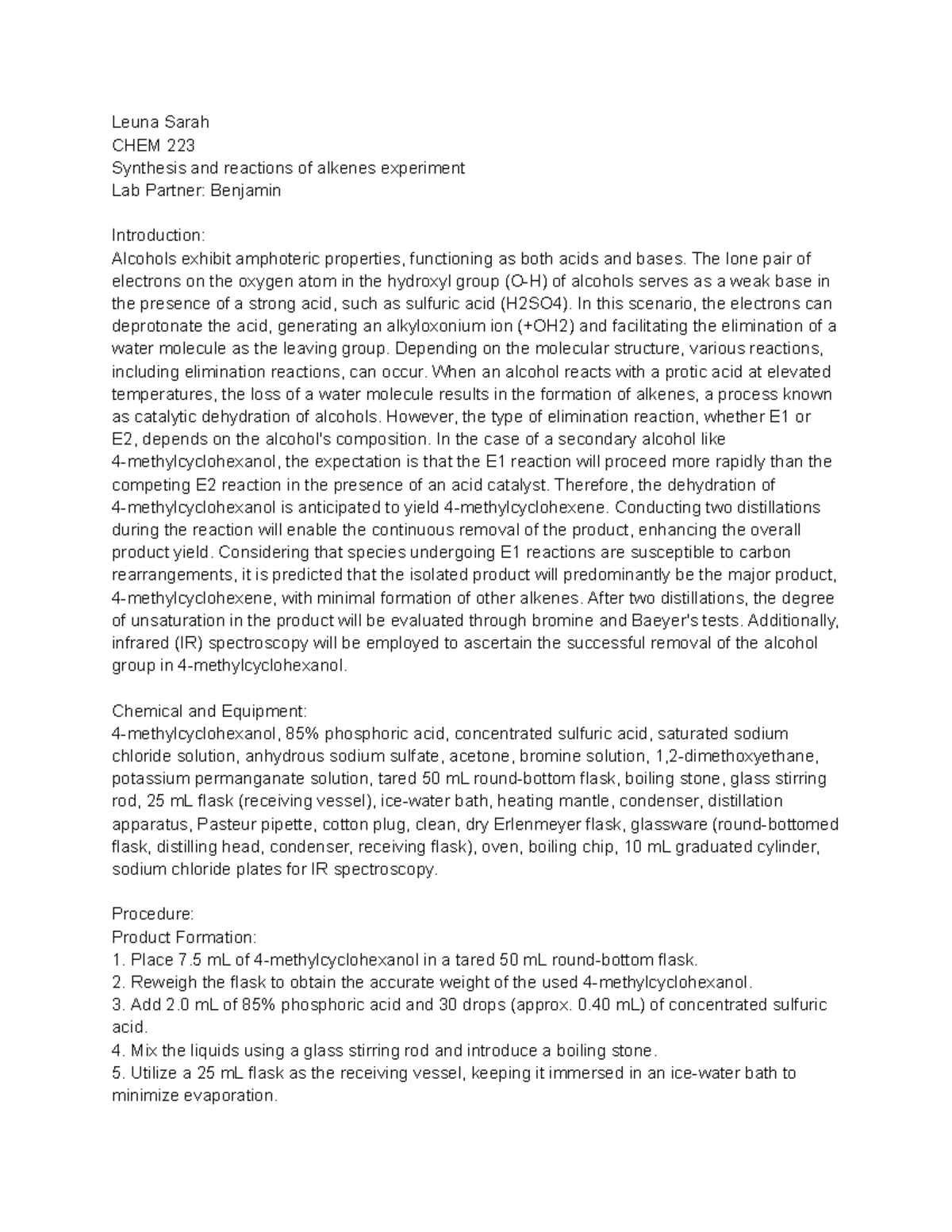Lab report 7 - lab 7 for chem 223 - Leuna Sarah CHEM 223 Synthesis and ...