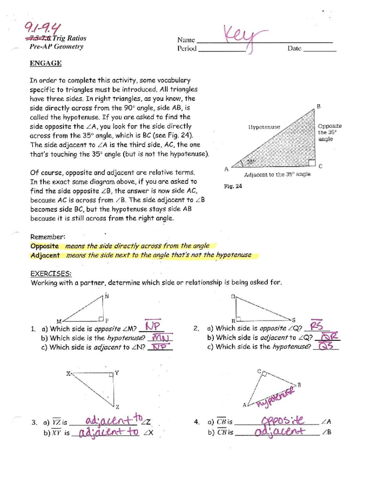 Trig Ratio Notes KEY - Trig Ratios Name Geometry Period Key Date ENGAGE ...