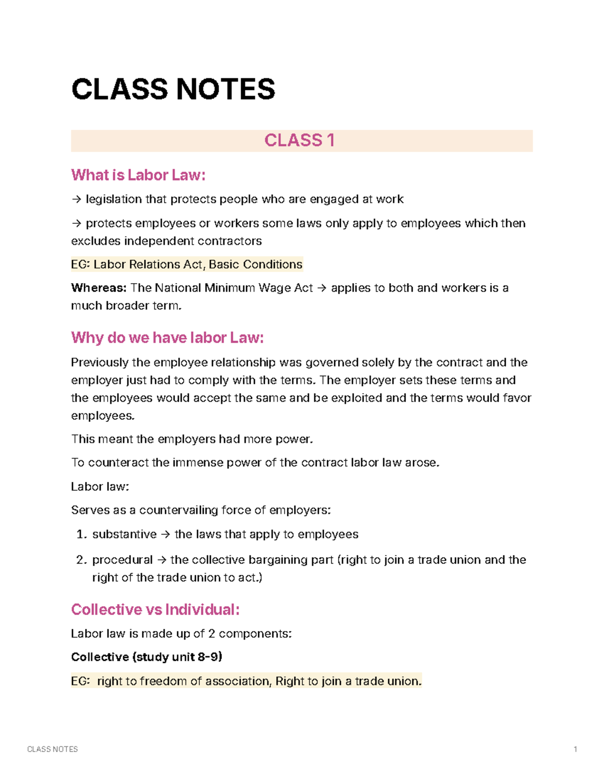 ABR CLASS Class 1 - CLASS NOTES CLASS 1 What is Labor Law: → ...