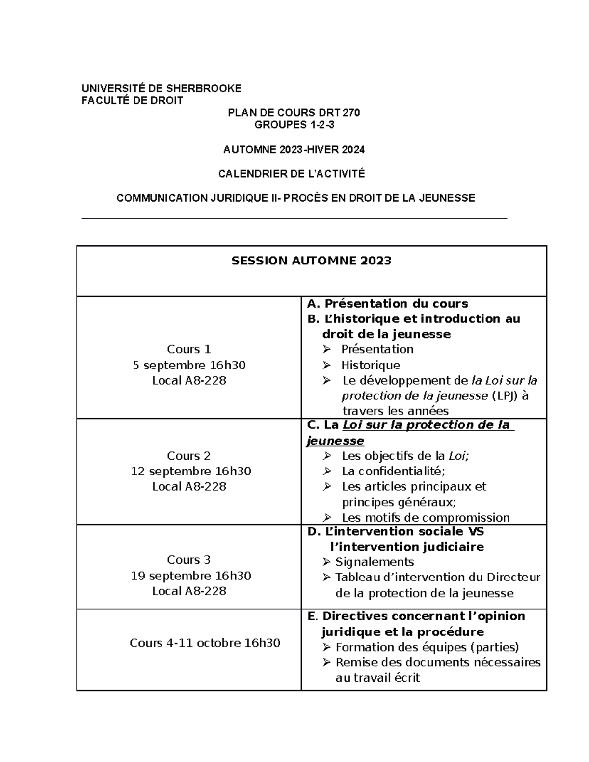 Plan de cours 2023-2024 - DRT270 - USherbrooke - Studocu