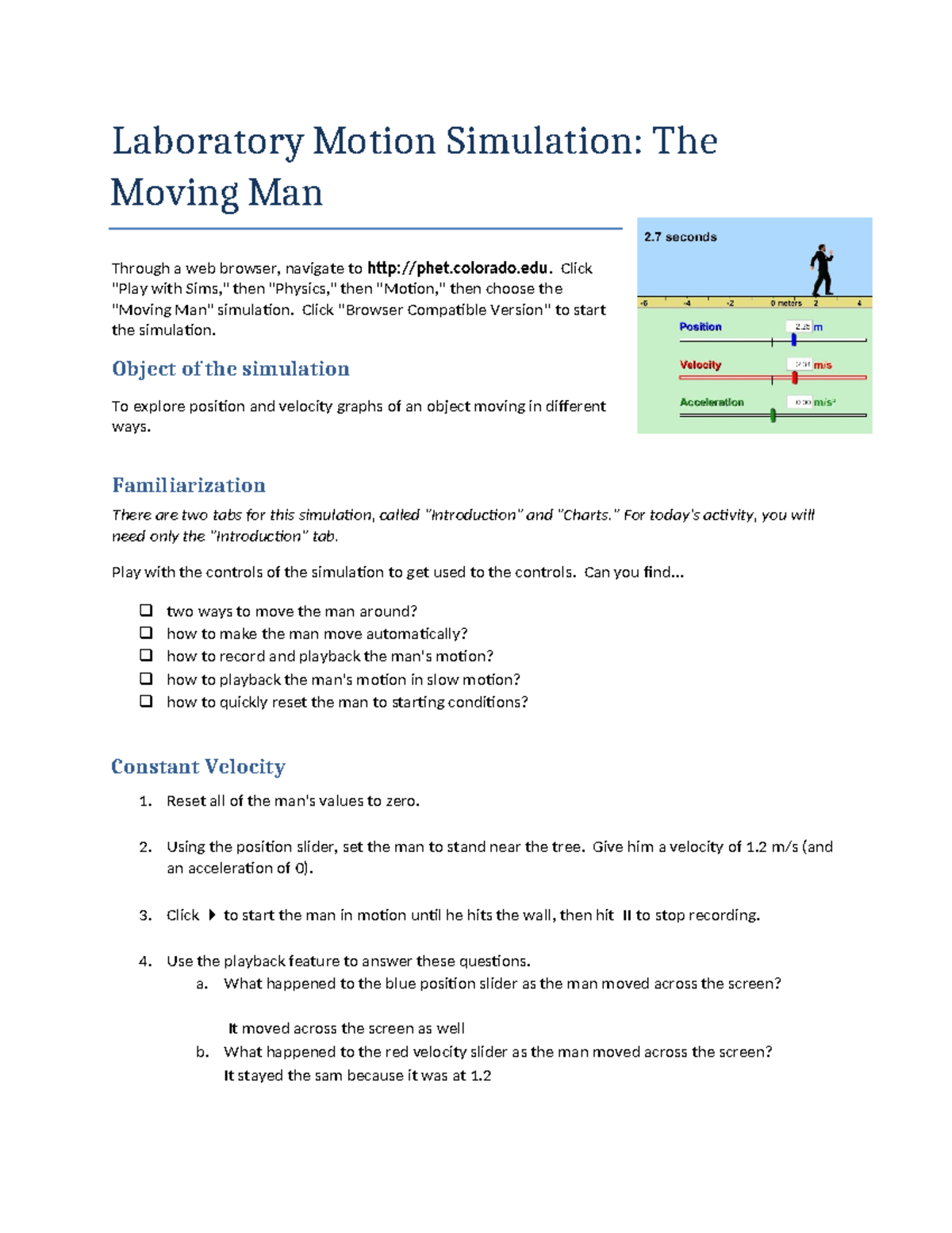 1-D Motion Kinematics Experiment - Laboratory Motion Simulation: The ...