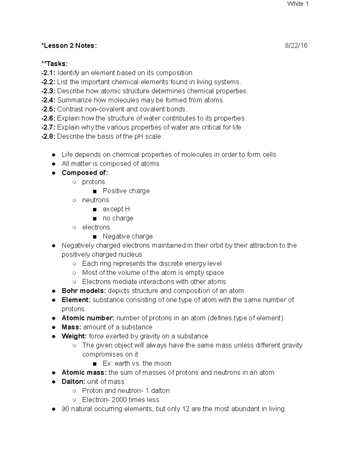 Lesson 2 - Lecture notes 1 - White 1 *Lesson 2 Notes: 8/22/16 **Tasks ...