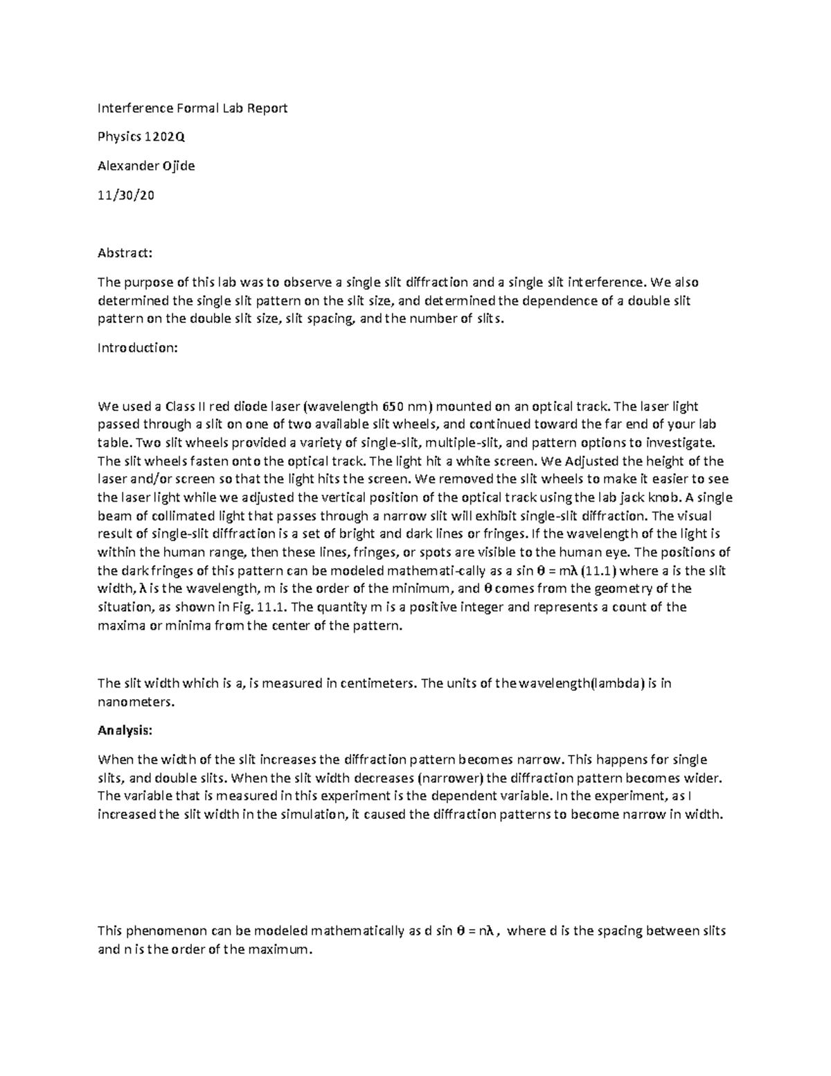 Interference Formal Lab Report-Physics 1202Q - Interference Formal Lab ...