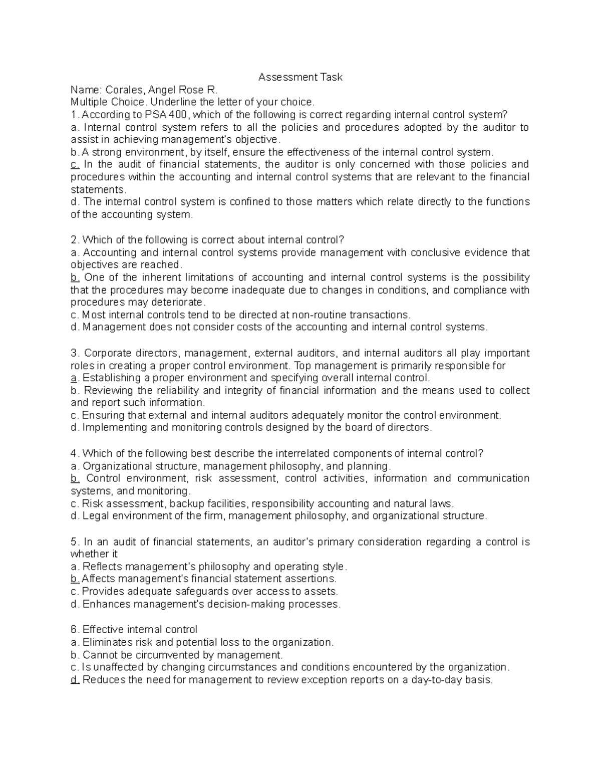 AT-AUD001 - Quiz for AUD001 - Assessment Task Name: Corales, Angel Rose ...